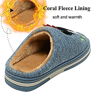 INMINPIN Boys Girls Cozy House Slippers Warm Plush Winter Cotton Slipper Kids Cute Dinosaur Indoor Shoes Non-Slip,Blue,1/2 Big Kid