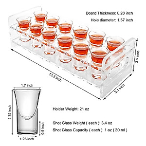 D&Z Shot Glass Holder, 12 Heavy Base Crystal Clear Shot Glasses for Whiskey Vodka Rum Cocktail Tequila, Acrylic Shot Glass Set Stand/Rack/Display/Serving Tray for Bar,Pub,Party [ 1 oz. Each Glass ]