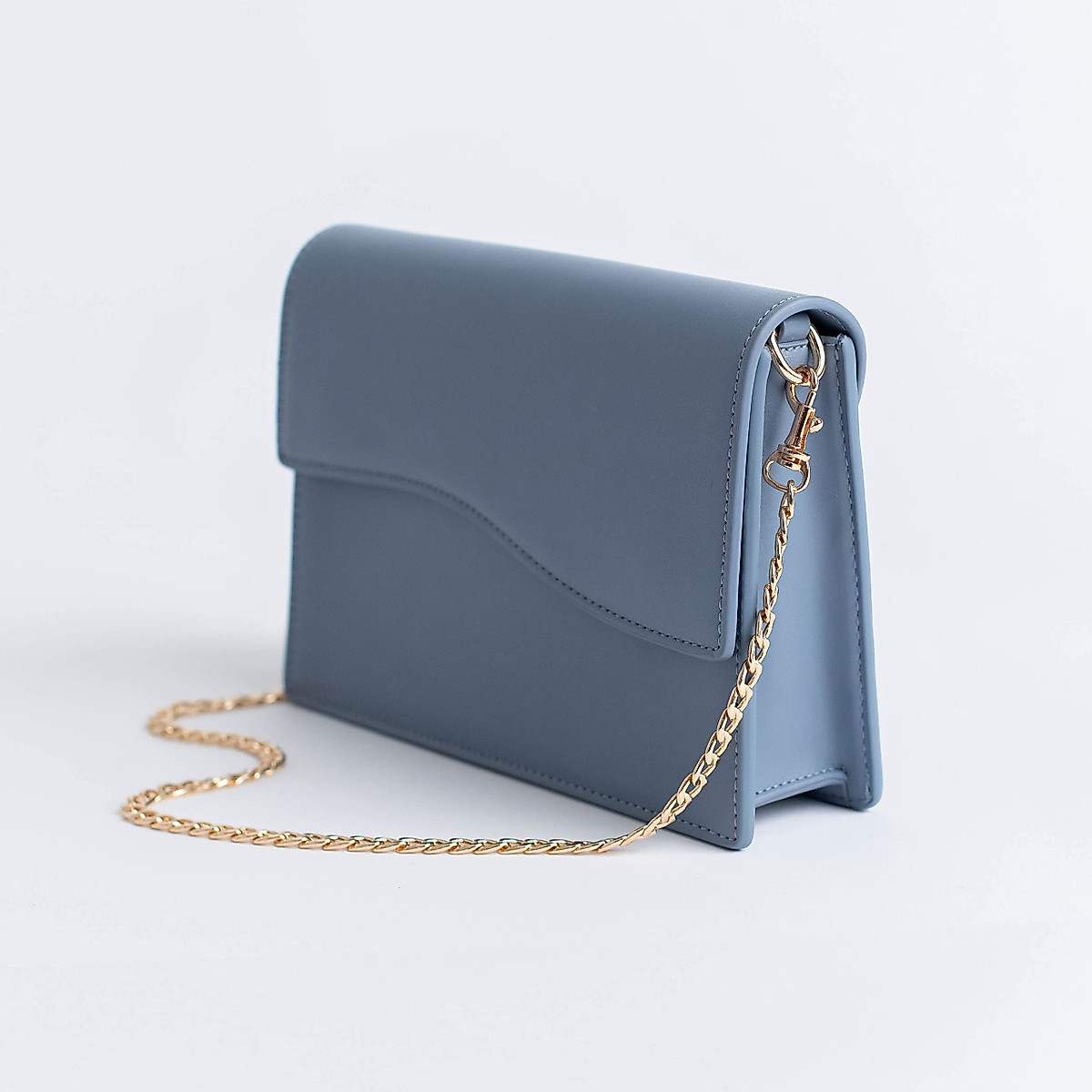 Kardinal Fashions Blue Clutch Purse for Women, Designer Handbag, Vegan Leather Fashion Envelope Style Hand Bag w/Wristlet Strap and Gold Crossbody Chain from (Arctic Powder Blue)