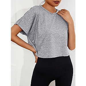 COZYEASE Women's Backless Short Sleeve Sports Tee Round Neck Solid Casual Yoga Workout Tee Tops Grey M-CEZWJ1215 -CEHYN20240923