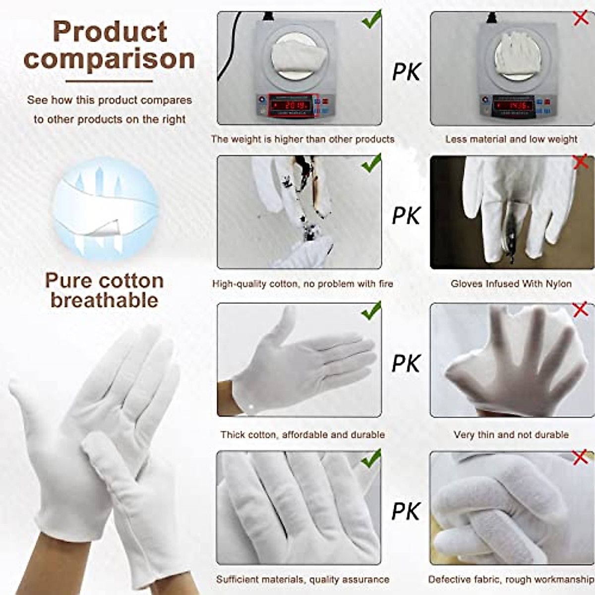 100% White Soft-Hand Cotton Moisturising Gloves Work Gloves, Extra Large (12 Pairs)