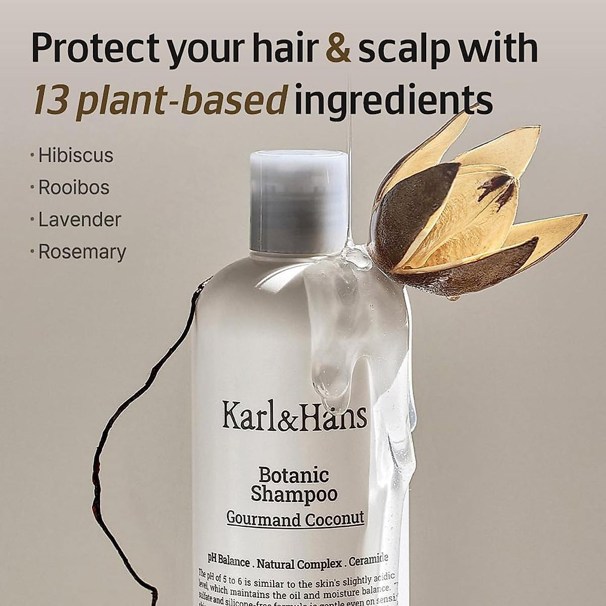 Karl&Hans Botanic Gourmand Coconut Vegan Shampoo Organic - Sulfate-Free, Moisturizing, Nourishing Shampoo with Coconut Oil&Natural Flower Extracts for Dry and Damaged Hair and Scalp Repair, 13.2 fl oz