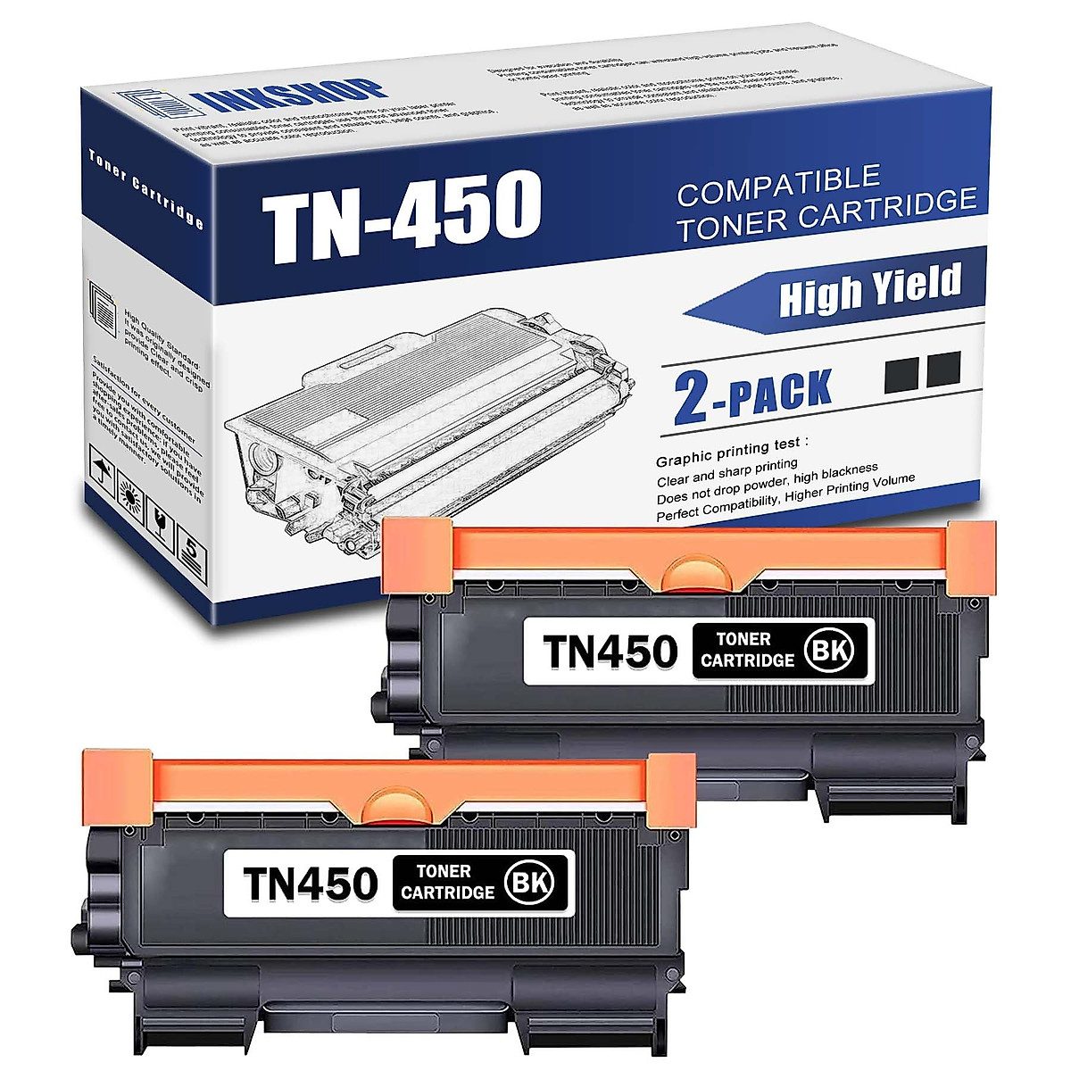 TN450 Compatible TN-450 Black High Yield Toner Cartridge Replacement for Brother TN-450 DCP-7060D DCP-7065DN Intellifax 2840 HL-2132 Toner.(2 Pack)