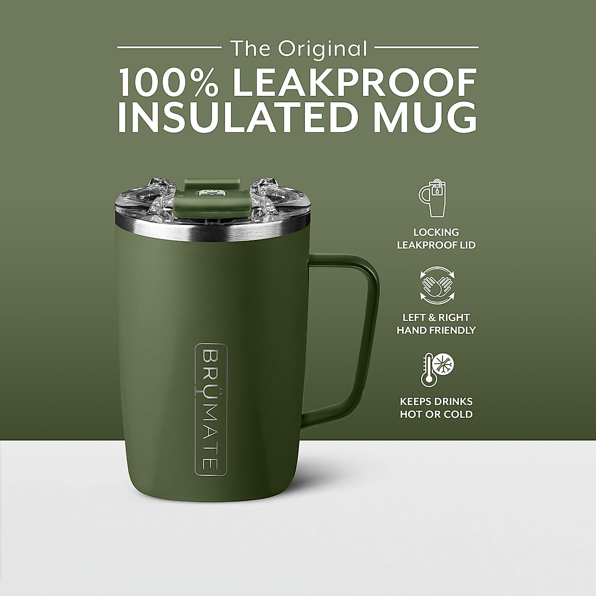 BrüMate Toddy - 16oz 100% Leak Proof Insulated Coffee Mug with Handle & Lid - Stainless Steel Coffee Travel Mug - Double Walled Coffee Cup (OD Green)