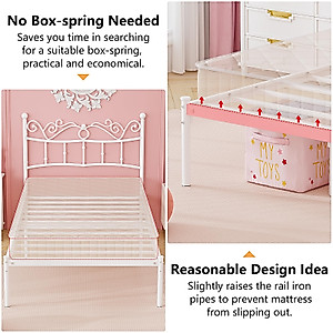 Merronix Twin Bed Frames with Headboard, Elegant Metal Bed Frame for Kids Girls, Modern Twin Size Platform Bed - No Box Spring Needed, 11.2 Inches Height Underneath Storage - White
