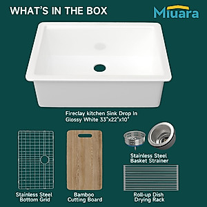 Miuara White Workstation Kitchen Sink 33 Inch - Large Undermount Kitchen Sink 33"x22", 9" Deep White Kitchen Sink Drop In, Single Bowl Topmount Fireclay Sink for Kitchen, with 4 Custom Accessories
