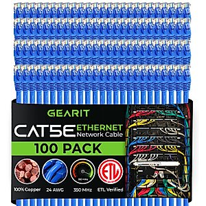 GearIT 100-Pack, Cat5e Ethernet Patch Cable 1 Foot - Snagless RJ45 Computer LAN Network Cord, Blue