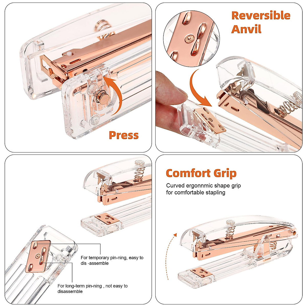 Rose Gold Office Supplies and Accessories, Acrylic Stapler, Staple Remover, Tape Dispenser, Pen Holder, Phone Holder, Scissors, Paper Clips, Binder Clips, 2 Pen and 1000 pcs Staples