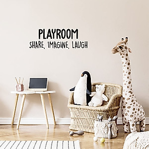 Vinyl Wall Art Decal - Playroom. Share, Imagine, Laugh - 10" x 30" - Trendy Cute Fun Positive Quote Sticker for Kids Bedroom Living Room Playroom Nursery Baby Room Daycare Classroom Decor (Black)