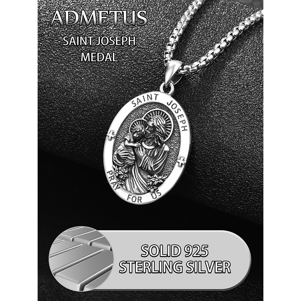 ADMETUS St Joseph Medal for Men 925 Sterling Silver Oval Saint Joseph Pendant Necklace Protection Jewelry Religious Gifts