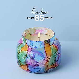 Capri Blue Scented Candle with Rainbow Watercolor Glass Candle Holder - Cotton Wick - Luxury Aromatherapy Candle - 19 Oz - Volcano