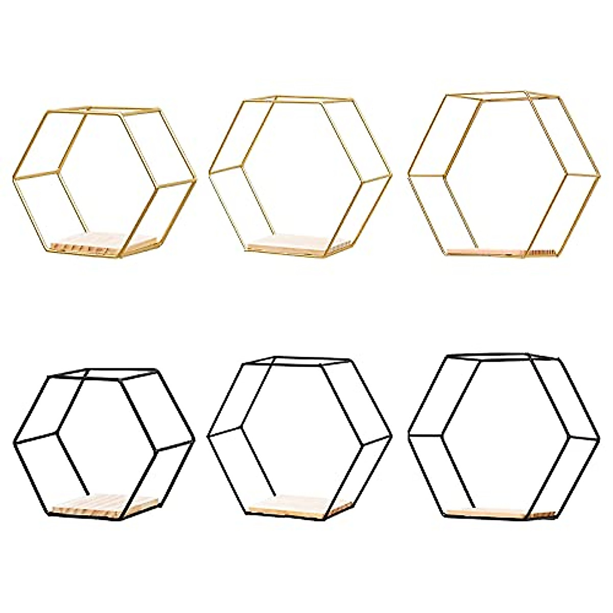 SFTYUFS Floating Shelves Wall Mounted Floating Hexagon Shelves, Metal Framed Gold Shelves with Wood Based in Modern Chic Style, for Wall Storage & Display in Living Room Bedroom