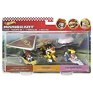 Hot Wheels Mario Kart Vehicle 3-Pack Set of Toy Cars with Gliders Inspired by Tanooki Mario, Princess Peach and Bowser