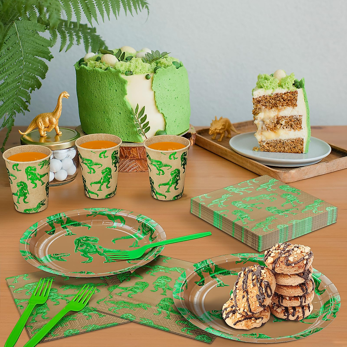 DYLIVeS Green Foil Dinosaur Birthday Party Decorations,Rawr Dinosaur Disposable Tableware Set Dinosaur Rex Party Supplies for Boys, 9'' Dinosaur Dinner Plates and Napkins Cups Forks Set, Serves 24