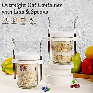 ZCXQM Overnight Oats Containers with Spoon and Fork, 2 Pack 10 oz Mason Jars with Lids for Overnight Oats, Breakfast On the Go Cups Reusable for Milk, Cereal, Fruit(White)