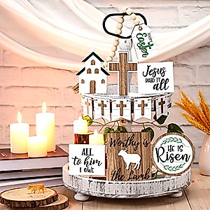 15 Pcs Easter Tiered Tray Decor Set, Table Top Decor Farmhouse Wooden Block Signs Wood Cross Decor with LED String Lights for Easter Home Kitchen Decorations