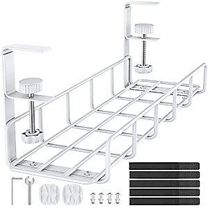Under Desk Cable Management Tray, 15.7'' White No Drill Steel Desk Cable Organizers, Wire Management Tray Cable Management Rack, Desk Cable Tray with Wire Organizer and Desk Cord Organizer