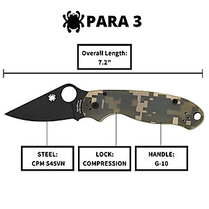 Spyderco Para 3 Camo Signature Folding Utility Pocket Knife with 2.95" Black CPM S45VN Blade and G-10 Handle - Everyday Carry - PlainEdge - C223GPCMOBK