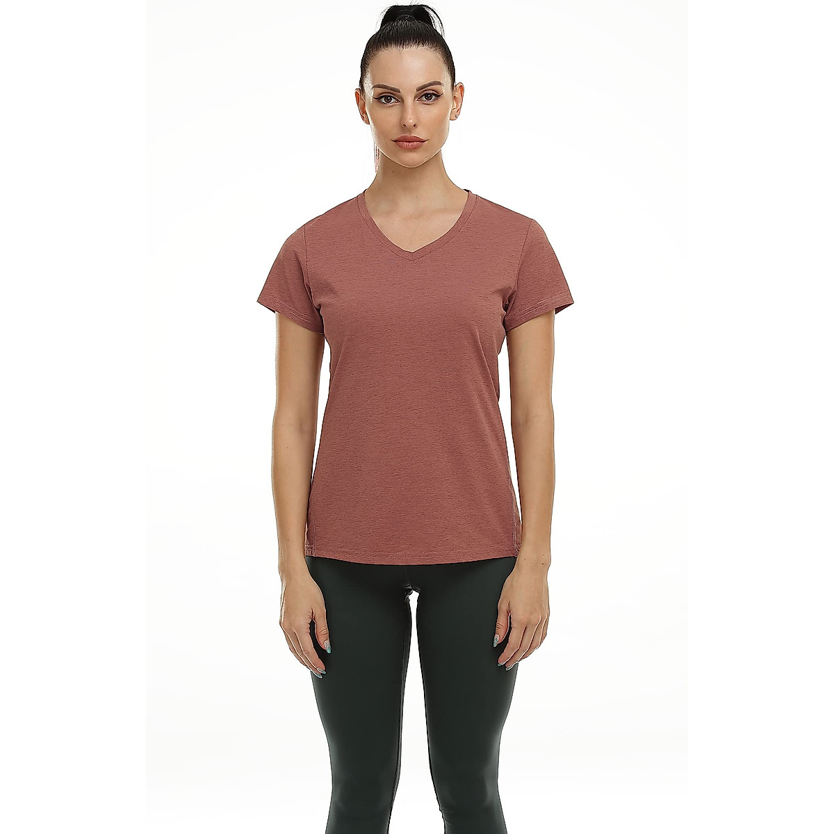 icyzone Workout Shirts Yoga Tops Activewear V-Neck T-Shirts for Women Running Fitness Sports Short Sleeve Tees (Black/Cream White/Brick, XL)