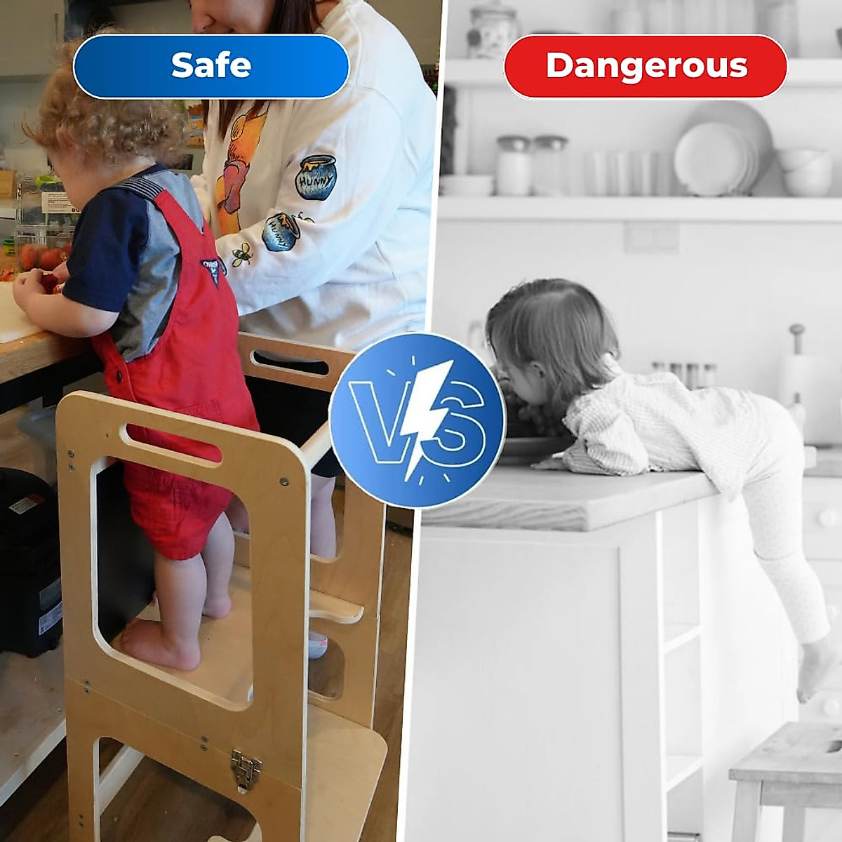 Montessori Mission 4-in-1 Foldable Learning Kitchen Tower, Stool with Chalkboard, Desk, Table & Chair, Montessori Kitchen Stool, Learning & Kitchen Tower for 1-6 Years Old