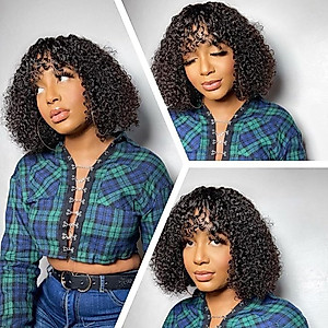 Acantam 150% Density Curly Wig with Bangs Grade 10A Virgin Human Hair Wig for Black Women Curly Human Hair Wig Glueless None Lace Front Wig Natural Black Color(16 Inch)