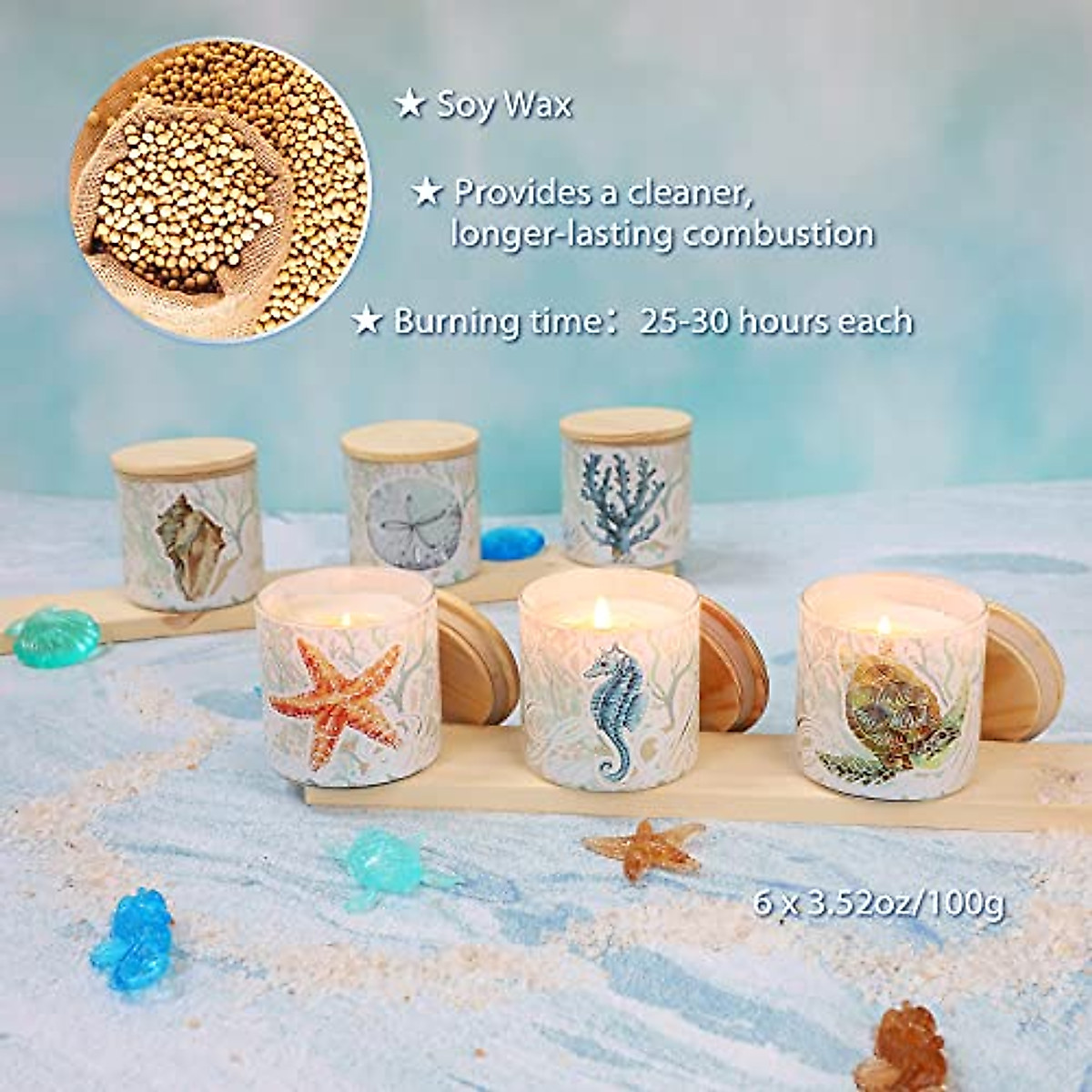 Gorge Moment Scented Candles, 6 Pack Candles for Home Scented, Ocean Themed Glass Jar Candle with Wooden Lid, Aromatherapy Candle Gifts Set for Anniversary Birthday Christmas Mother Valentine's Day