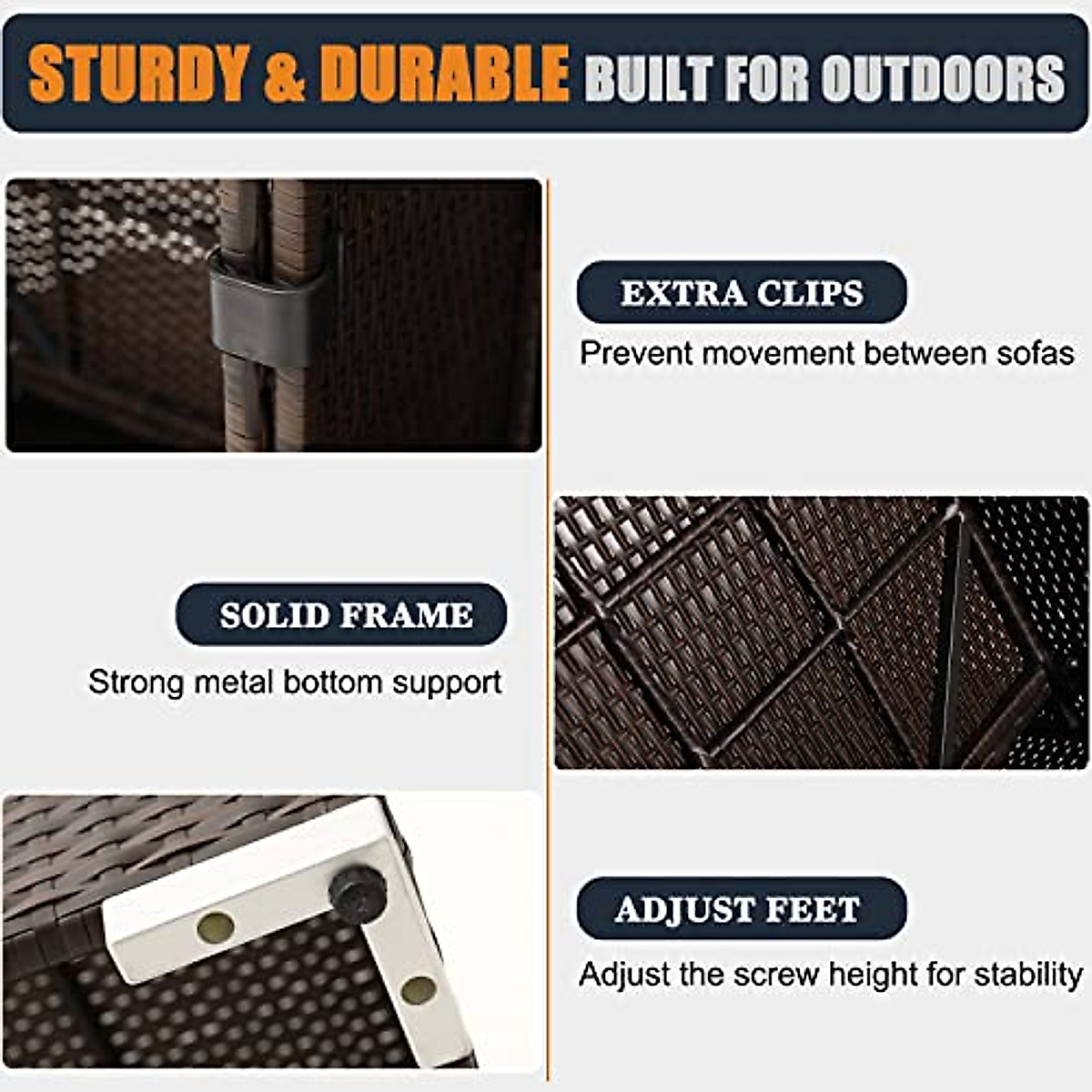 KHOLH 8 Pieces Patio Furniture Conversation Sofa Set with 44" Propane Gas Fire Pit Table, Outdoor Sectional Black Rattan Wicker Sofa Set