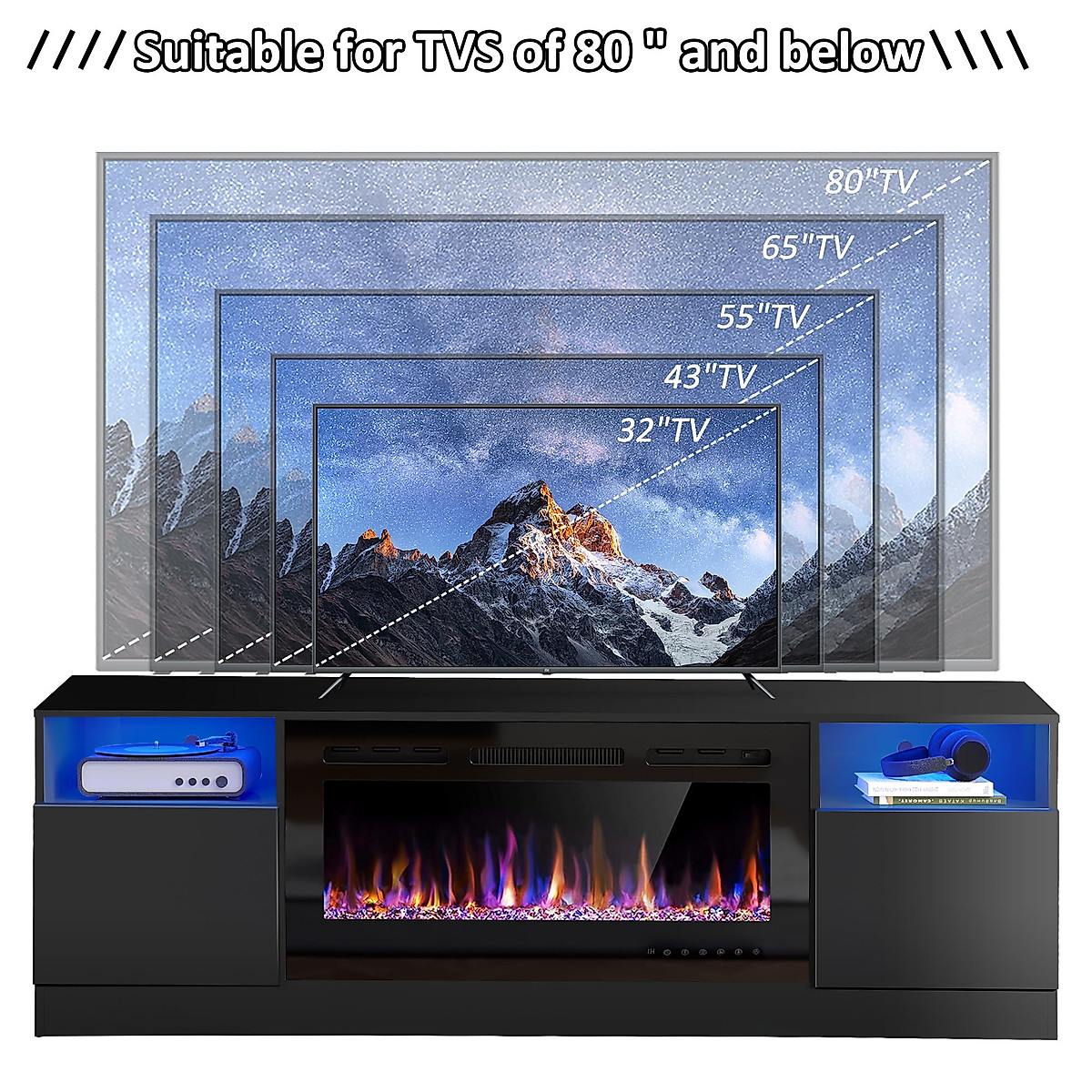 AHB 70" Fireplace TV Stand for TVs Up to 80" with 36" Electric Fireplace, TV Console for The Living Room, LED Light Entertainment Center, Storage Cabinet, Media Console Table, Black