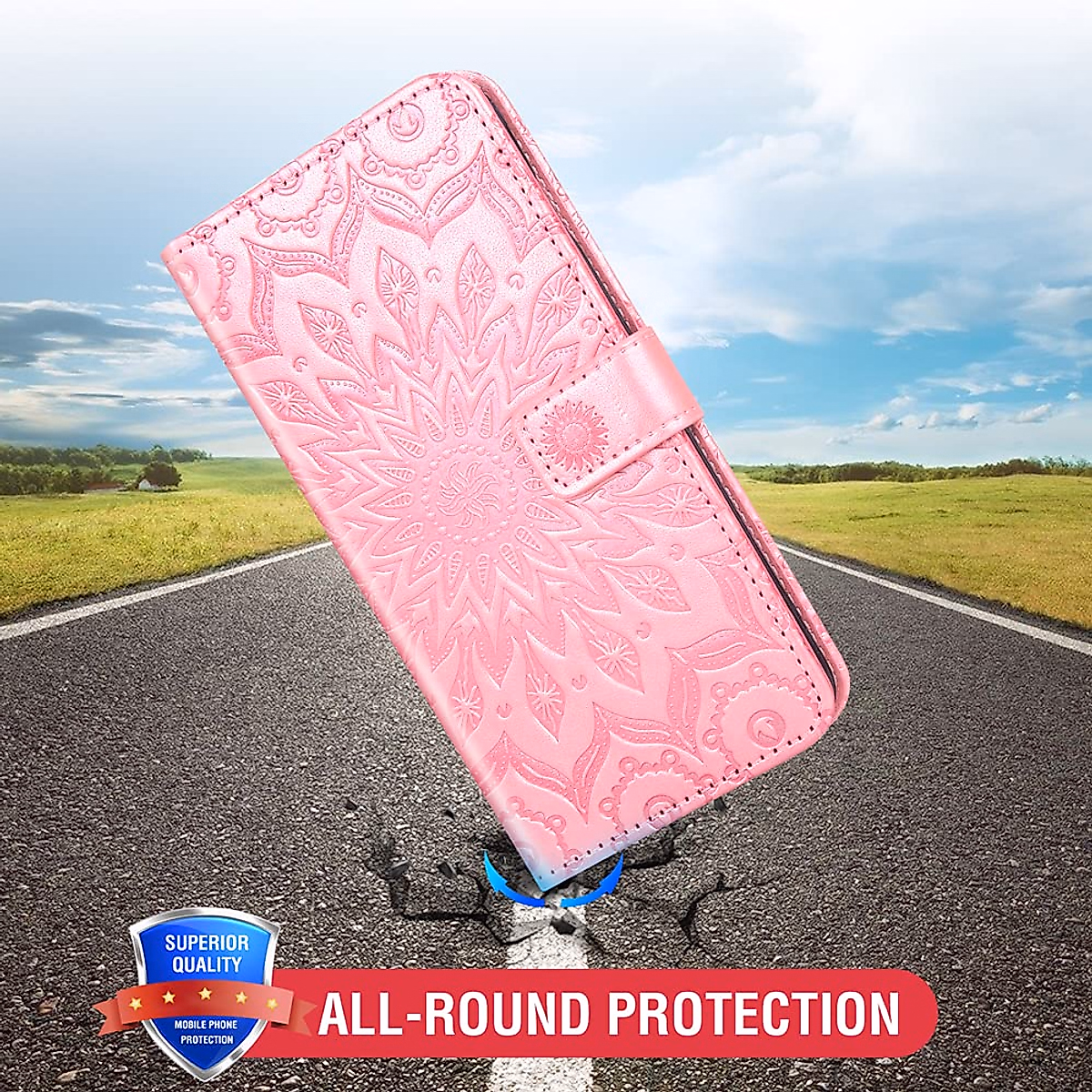 Asuwish Phone Case for Google Pixel 7A 5G 2023 Wallet Cases with Tempered Glass Screen Protector and Sunflower Leather Slim Flip Cover Card Holder Stand Cell Accessories Pixel7A A7 Women Rose Gold