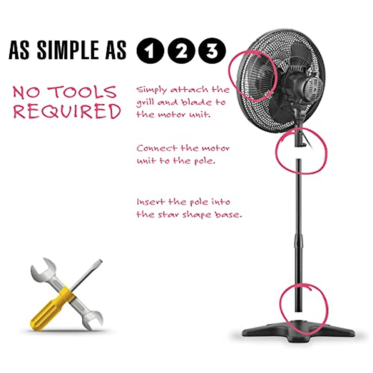 Air Monster 16" Stand Fan with Plastic Grill, Oscillating Pedestal Fan, 3 Speed, Adjustable Height and Angle, Indoor Home and Office use, Black Stand Up Fan