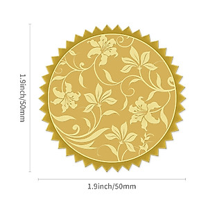 CRASPIRE Gold Foil Certificate Seals Flower Pattern 2" Round Self Adhesive Embossed Stickers 100pcs for Invitations Certification Graduation Notary Seals Corporate Seals Monogram Emboss