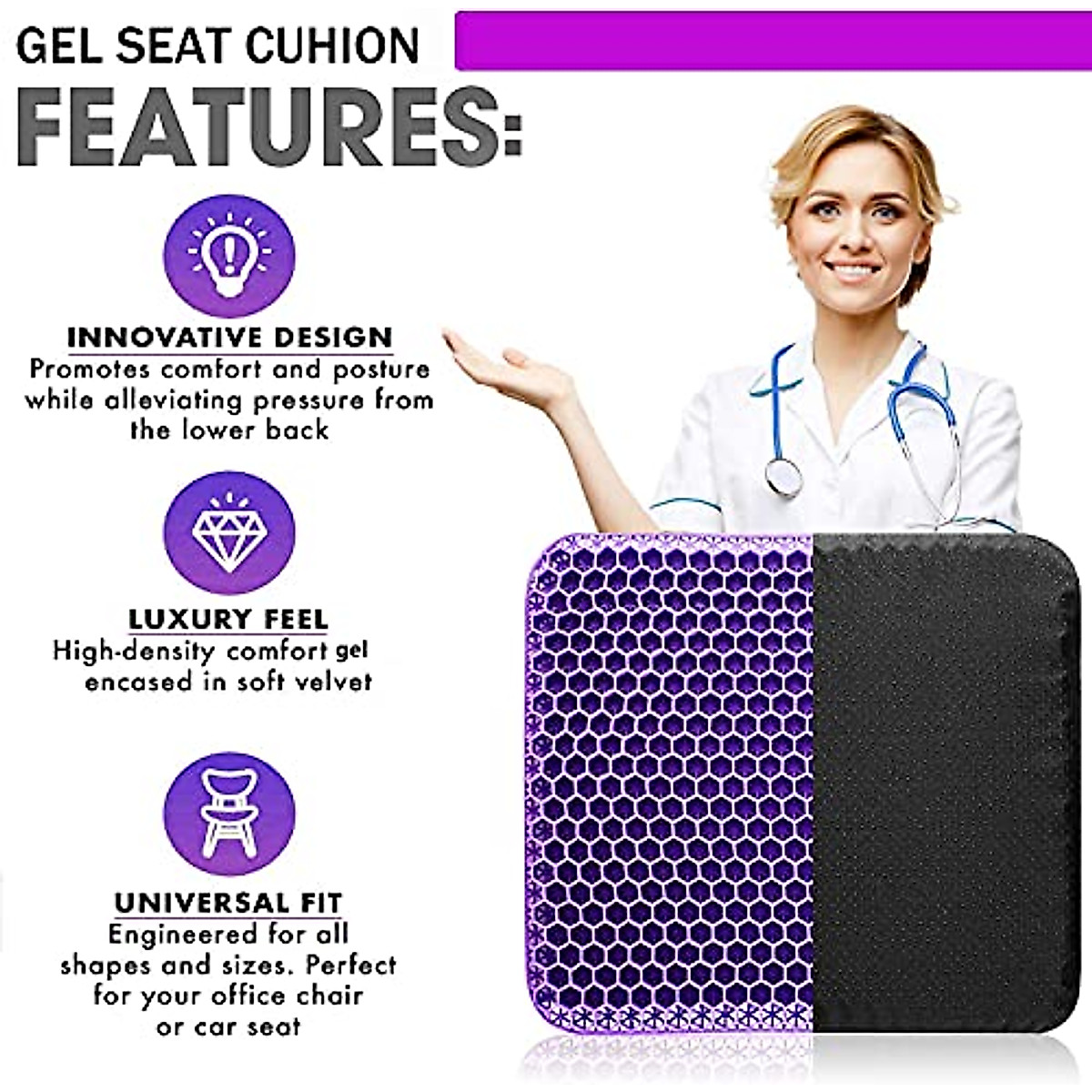 Gel Enhanced Seat Cushion - Double Thick Orthopedic Seat Cushion with Non-Slip Cover - Office Chair Car Seat Cushion - Tailbone Cushion - Coccyx Cushion - Sciatica Pillow for Sitting