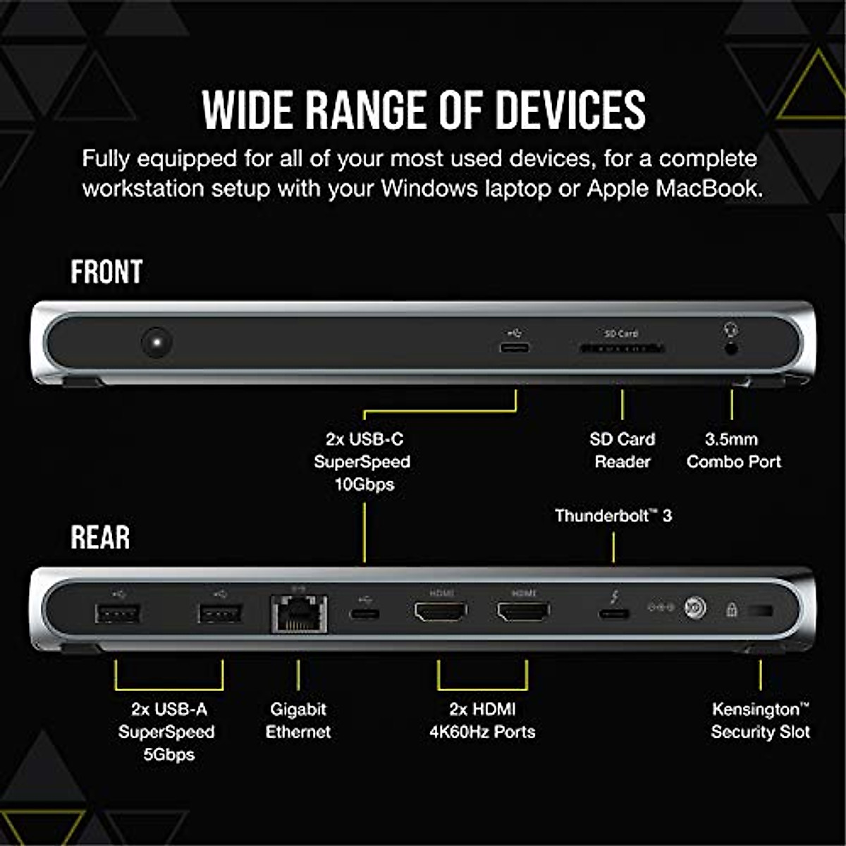 Corsair TBT100 Thunderbolt™ 3 Dock – 85W charging, Dual 4k 60Hz Support, 2x HDMI, 40Gb/s ,USB-C Gen 2 (15W) x2, USB-A 3.1 (7.5W) x2, Gigabit Ethernet – For Mac and PC laptops