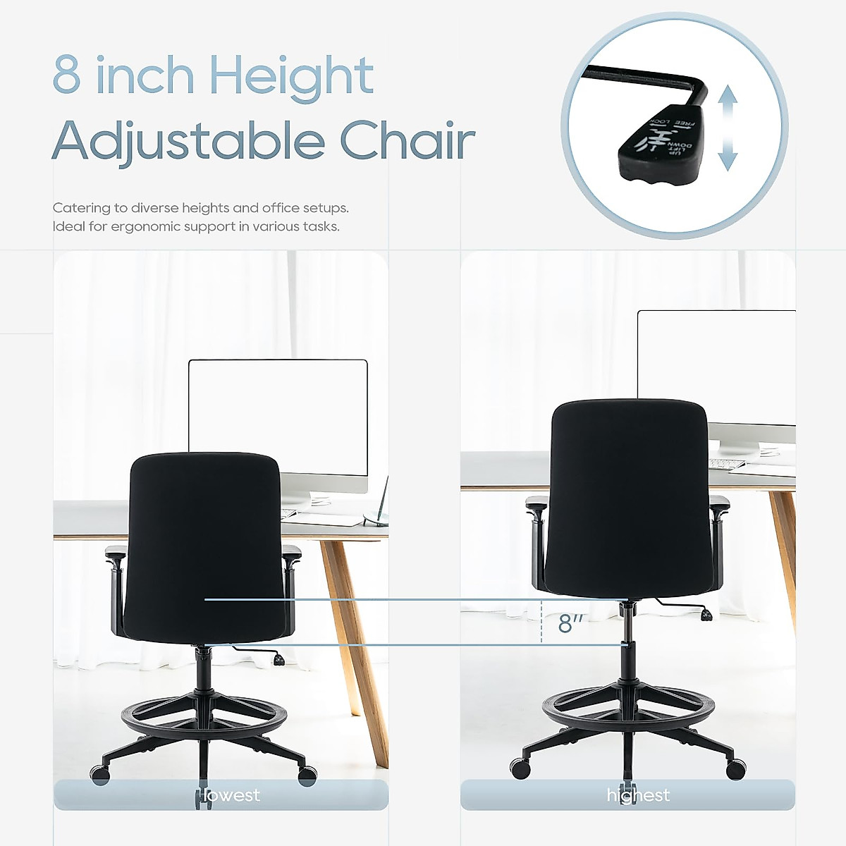 Drafting Chair, Tall Office Chair with Adjustable Armrests, Executive Ergonomic Computer Standing Desk Chair, Office Drafting Chair with Footrest Ring-Black