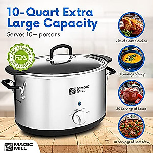 Magic Mill Extra-Large 10 Quart Slow Cooker With Metal Searing Pot & Transparent Tempered Glass Lid Multipurpose Lightweight Slow Cookers, Pot is Safe to Put the On the Flame, Dishwasher Safe