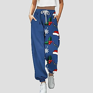 Jogger Sweatpants Women,Womens Sweatpants with Pockets Xmas Santa Claus Print Elastic Waisted Workout Active Joggers Drawstring Baggy Sweatpants Ugly Print Blue XL