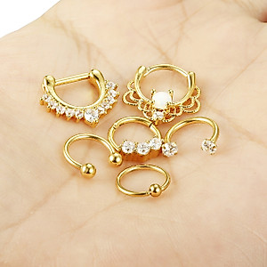 ORAZIO 6PCS 16G 316L Stainless Steel Septum Hoop Nose Ring Horseshoe Rings Cartilage Clicker Piercing Jewelry Gold-Tone