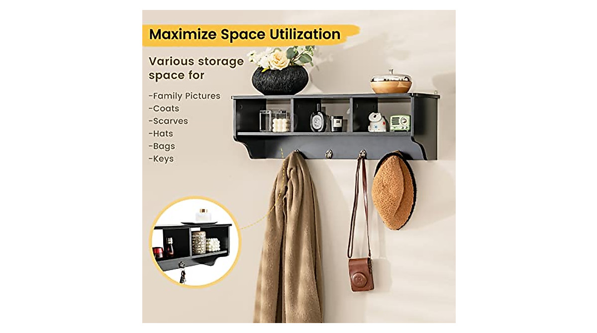 Giantex Hanging Shelf with Hooks Wall Mount Cubby Organizer with 4 Dual ...