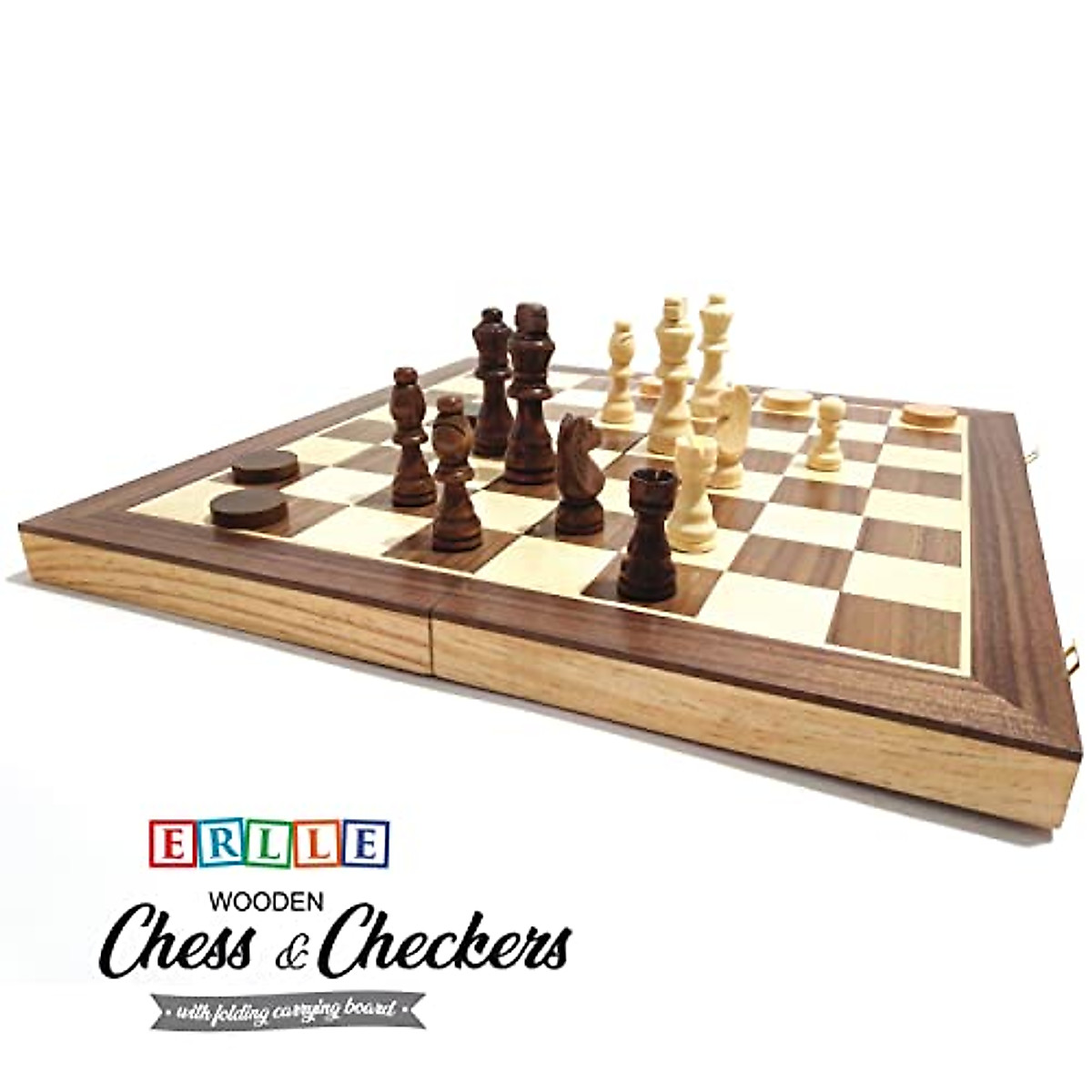 Wooden Chess & Checkers Game Board Set. Large 15x15 Wood Classic Unique Portable Travel Sets. Ajedrez