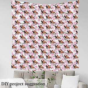Horse Upholstery Fabric by The Yard, Cherry Blossom Galloping Horses Outdoor Fabric by The Yard, Girls Sakura Horse Lover Decorative Fabric for Upholstery and Home DIY Projects, 1 Yard, Pink Brown