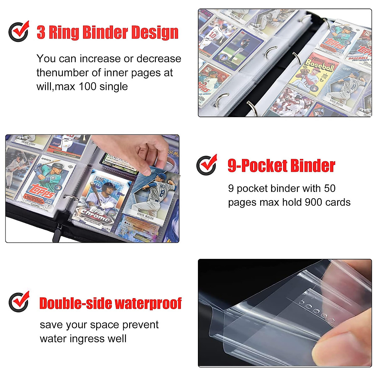 Basketball Trading Card Binder,9 Pocket with 50 Sleeves up to 900 Cards Sport Cards,Portable Waterproof Card Storage Bag with Sleeves for Game Cards Collection,Binder for Basketball Card Display