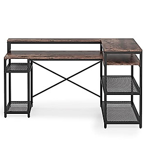 Tribesigns L Shaped Desk with Storage and Monitor Stand, Industrial Home Office Computer Desk with Storage Shelves, 59 Inch Corner Desk with Monitor Shelf(Brown)