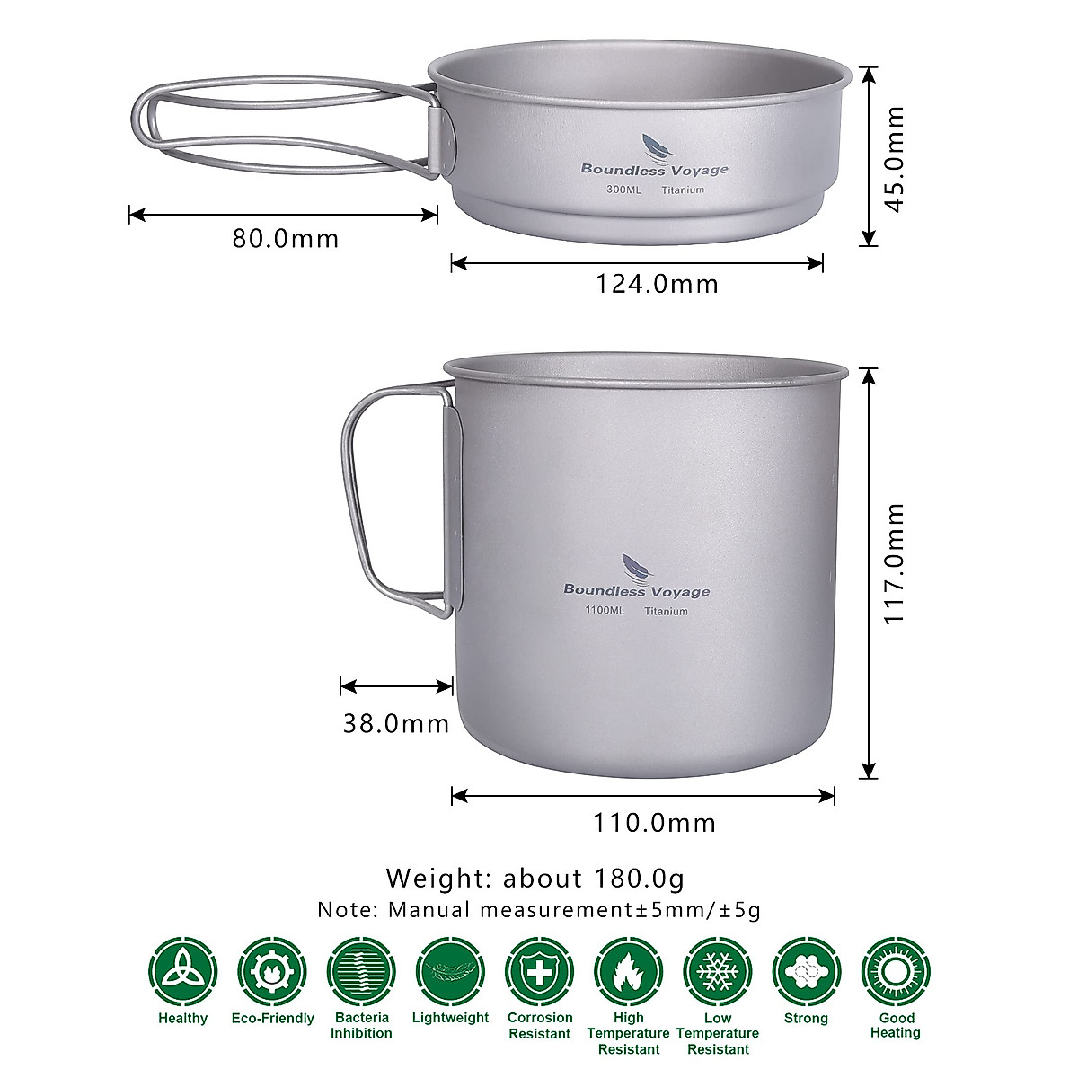 Boundless Voyage Camping Titanium Pot Pan Set with Folding Handles Outdoor Picnic Hiking Bowl Plate Mess Kit Tableware Cookware Ti2053C