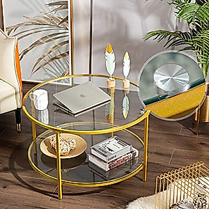 Bonnlo 31.5" Round Coffee Table with Open Storage Shelf,2-Tier Temperred Glass Round Accent Coffee Table with Metal Frame, Mustard Gold
