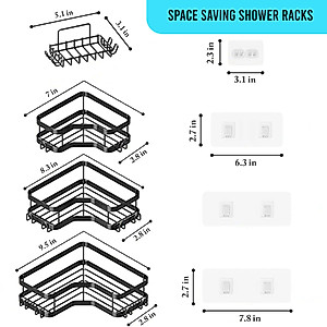 Modern Corner Caddy Stainless Steel Shelf for Shower, Adhesive Backing, 𝟵𝟬 𝗗egree Corner Shower Organizer Set with Soap Holder & Adjustable Hooks, Storage Shelves for Clutter-Free Washroom- Black