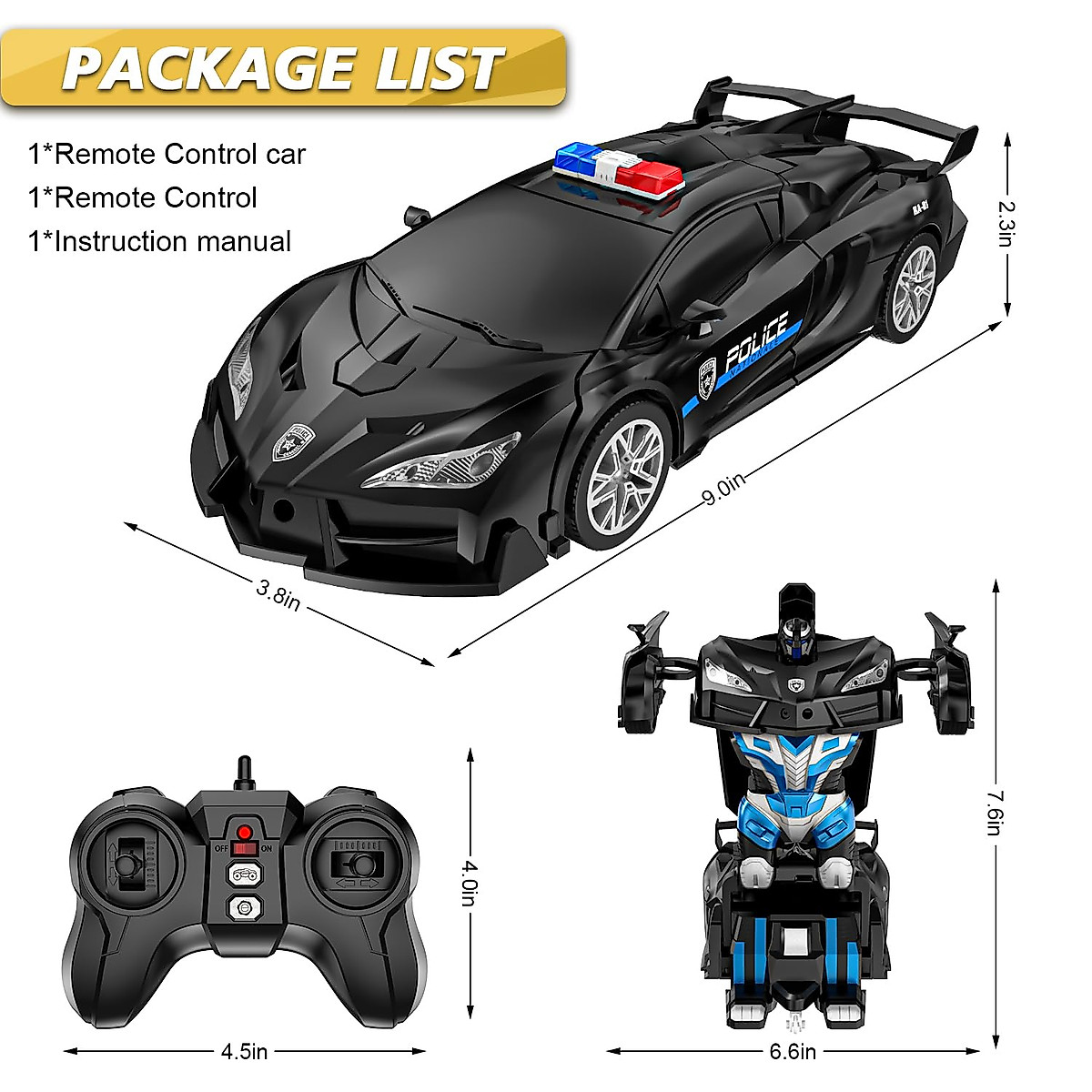 LNNKINE Remote Control Car, Transform Robot RC Cars, 2.4Ghz Transforming Police Car Toy with LED Light, One-Button Deformation and 360° Rotating Drifting, Toys for Boys Age 4-7 8-12