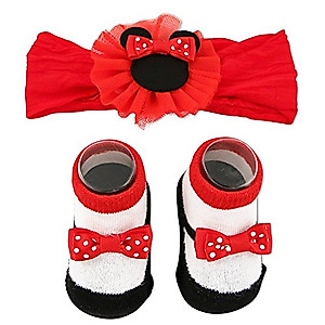 Disney Baby Girls’ Minnie Mouse Gift Set – 2 Piece Headband and Socks (Newborn: 0-12M), Size 0-12 Months, Minnie Headband and Socks Red