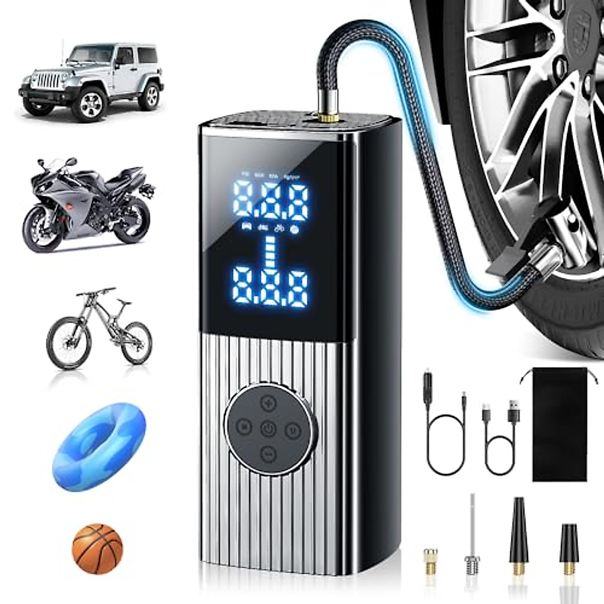 Air Compressor, EnjoyNest Portable Tire Inflator Air Pump for Car Tires (Real 9000mAh &150PSI) Faster + Powerful + Enduring Car Accessories with Digital Screen for Cars, Bike, Inflatables, Balloons