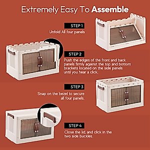 PROKTIK 30 QT 3 Tier Folding Storage Bins with Doors – Magnetic Door Foldable Storage Cabinet - Folding Storage Box with Leather Handles - Stackable and Collapsible Storage Container for Books, Pantry