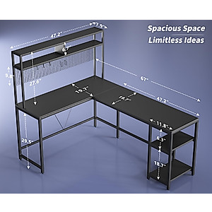 VEELOK L Shaped Gaming Desk with Hutch Pegboard LED Lights (Black)